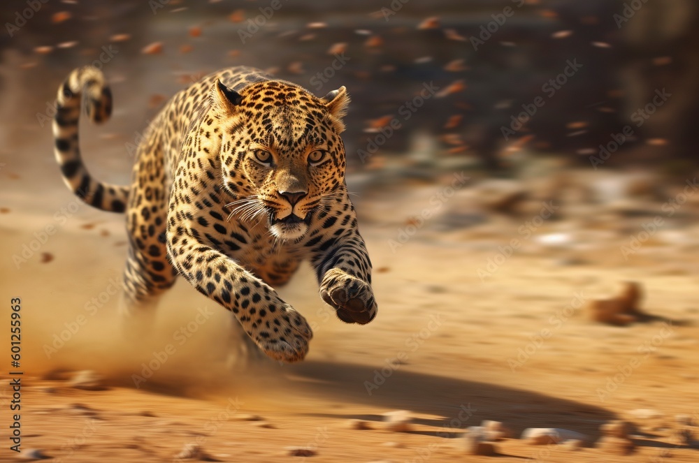 Leopardo corriendo hacia su presa a toda velocidad levantando arena ...