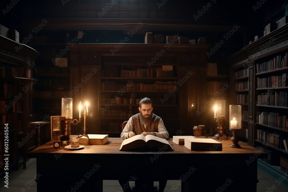 Man alone reading a book in the big library. Books day created with ...