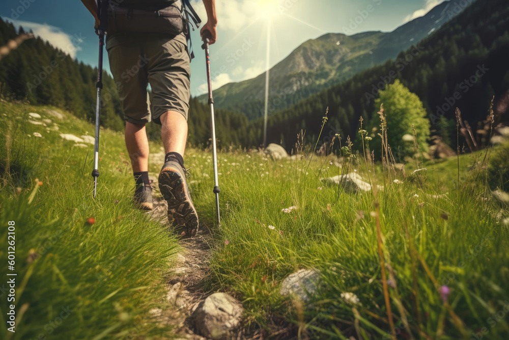 Back view of a man hiking in a summer mountains with trekking poles ...