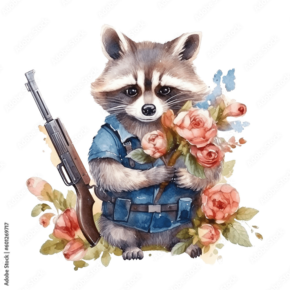 Raccoon soldier, raccoon soldier cartoon watercolor clipart, raccoon ...