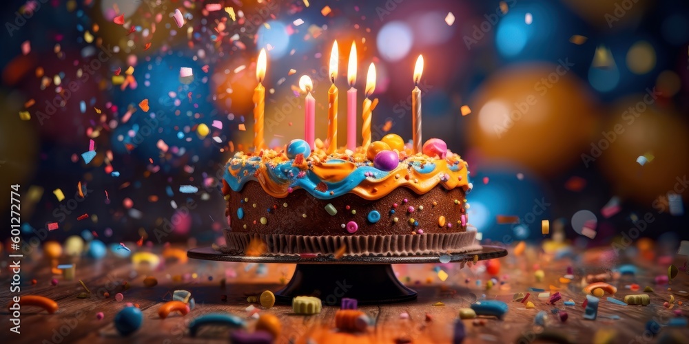 Happy birthday cake with candles, balloons and confetti background ...