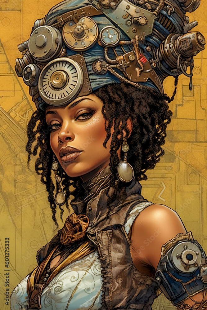 Steampunk African Woman. Generative AI. A digital drawing of a black ...