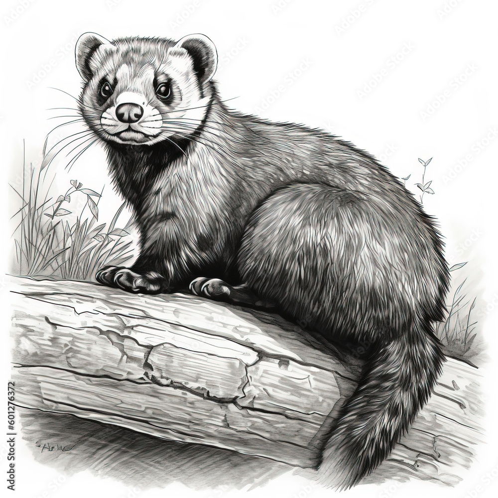 black and white drawing of a polecat - AI Generated Stock Illustration ...
