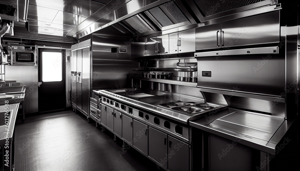 Professional kitchen, view counter in stainless steel. Generative AI ...