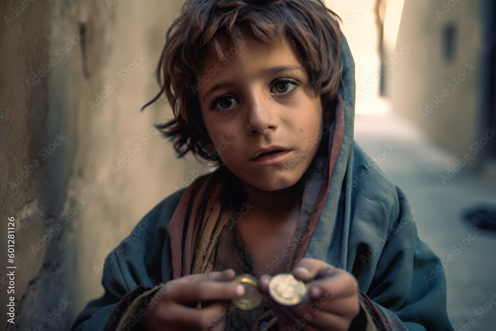 Poor beggar hungry child boy ragged in torn clothes with an ...