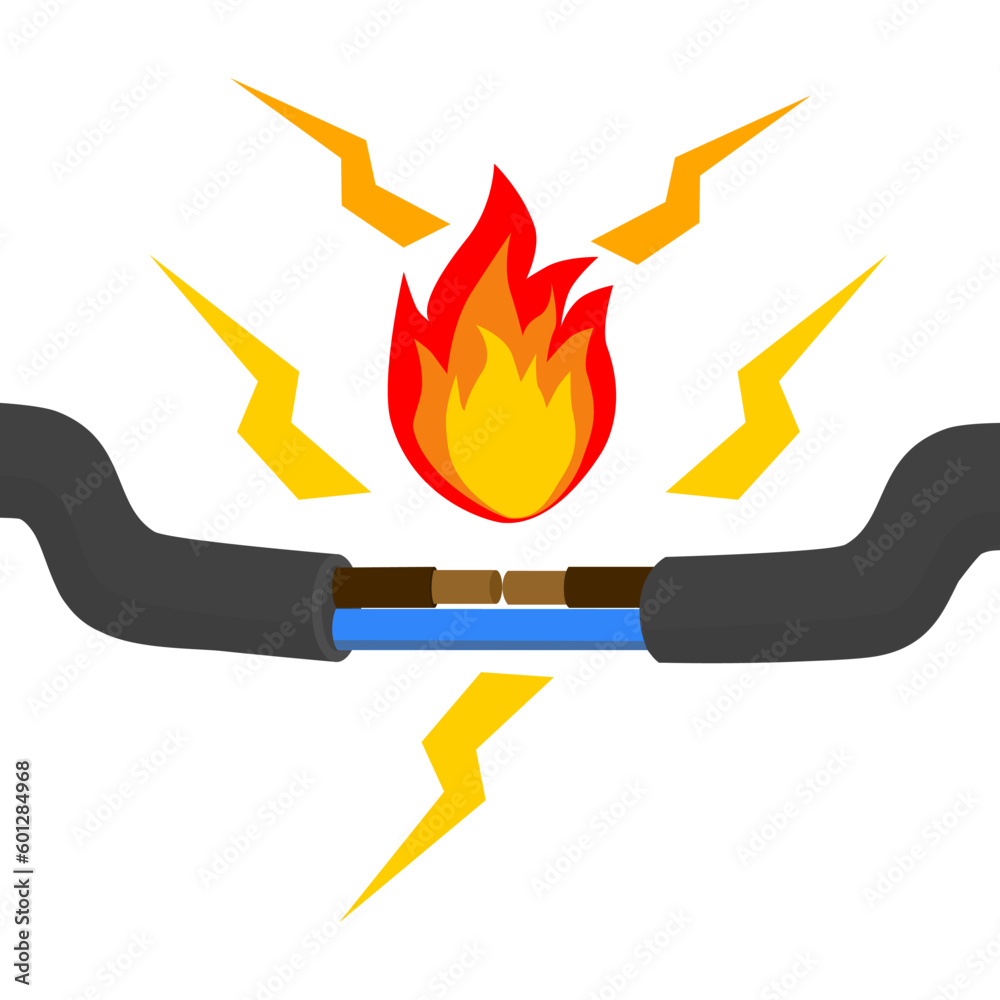 Wire is burning. Fire wiring. Faulty damaged cable. Fire from overload ...