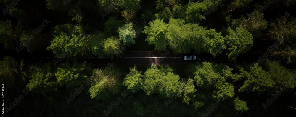 Drone view of a forest road with a red car driving through it ...