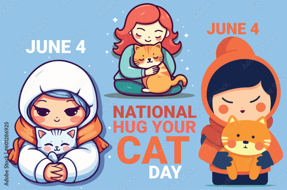 voctor of three illustration girl hug cat with bold text to celebrate ...