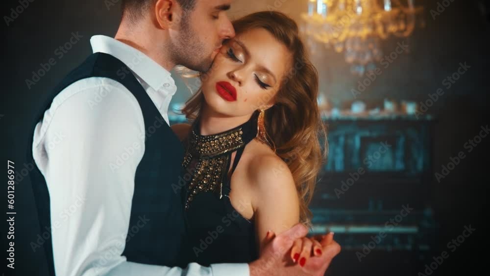 Two person fall in love Happy sexy couple dancing kissing man holding ...