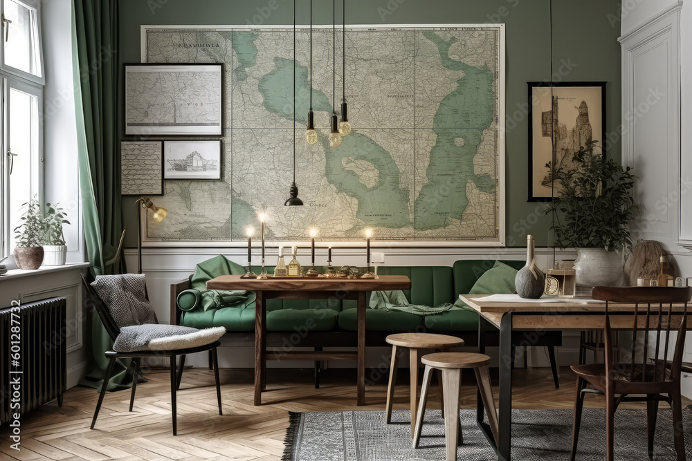 Interior of a chic and eclectic dining area with a mock up poster map, chairs that share a table ...