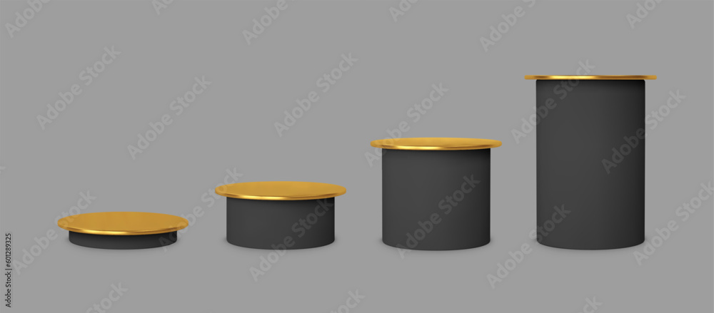 Set black golden podium base platform different heights. 3d round blank ...