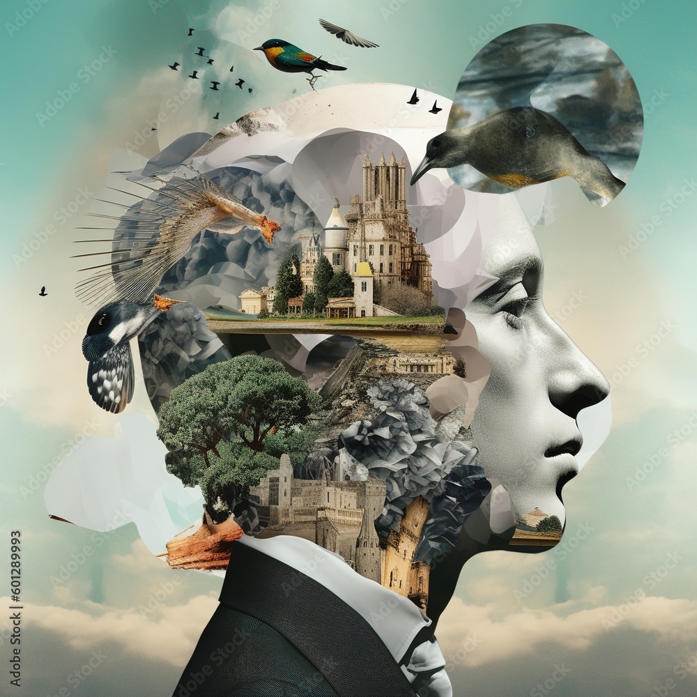 Surrealism. Surreal collage. Portrait of a man in a mental state. A ...