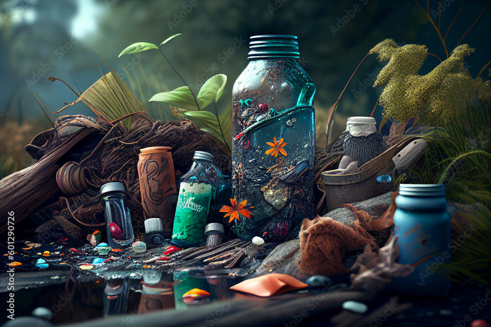 Plastic pollution in nature. Plastic waste in nature. Several plastic ...