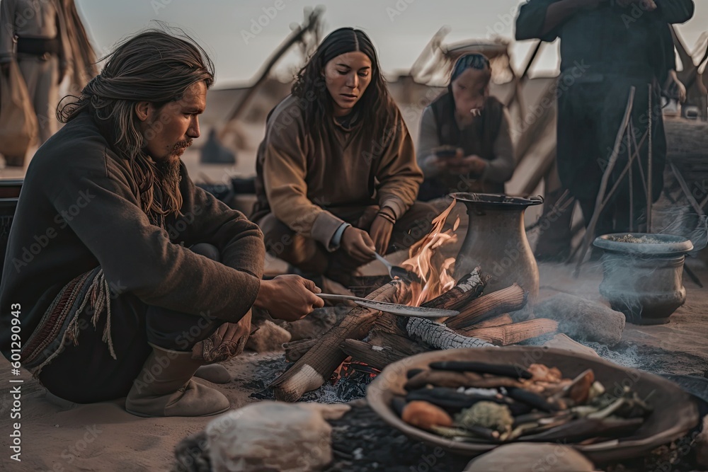 nomadic tribe cooking over open fire and sharing meal, created with ...