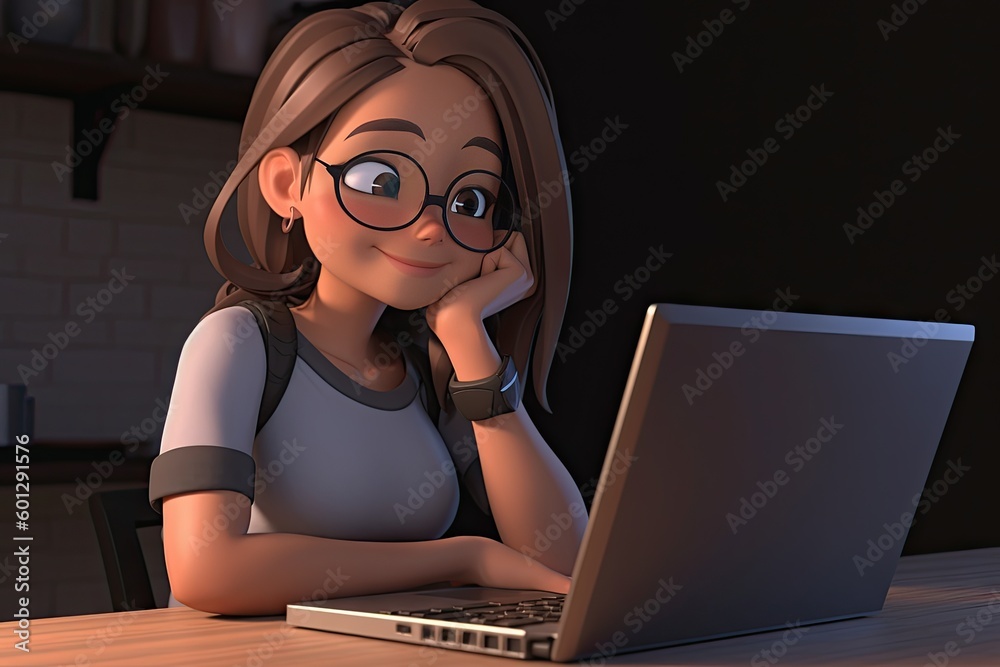 Cartoon Modern Woman Working from Home on Laptop Computer: Business and ...