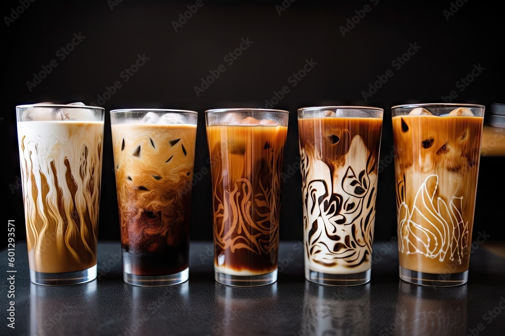 Pilation Of Iced Coffee Lattes Each With Unique Flavor Combinations And Intricate Designs