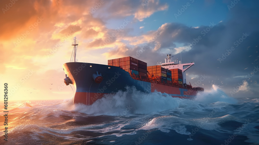 A cargo ship sailing across the vast ocean, carrying goods to be ...