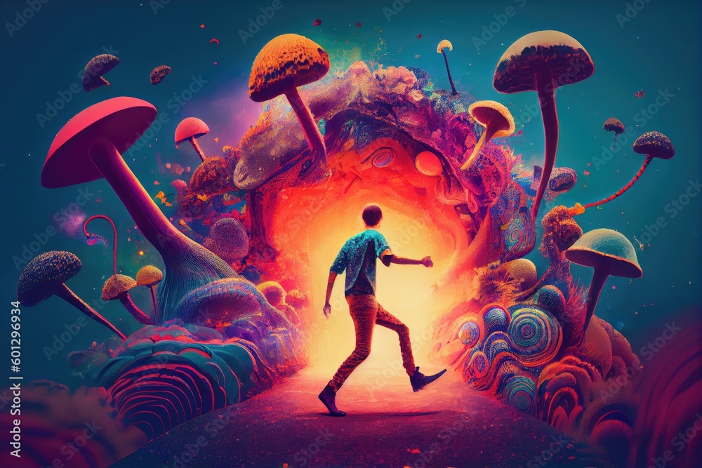 person, tripping on magic mushrooms, surrounded by surreal and ...