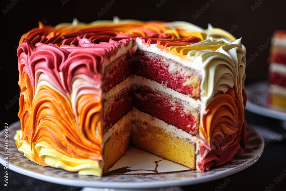 layered cake with swirls of frosting in contrasting colors, created ...
