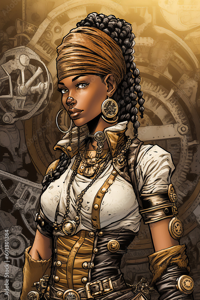 Steampunk African Woman. Generative AI. A digital drawing of a black ...