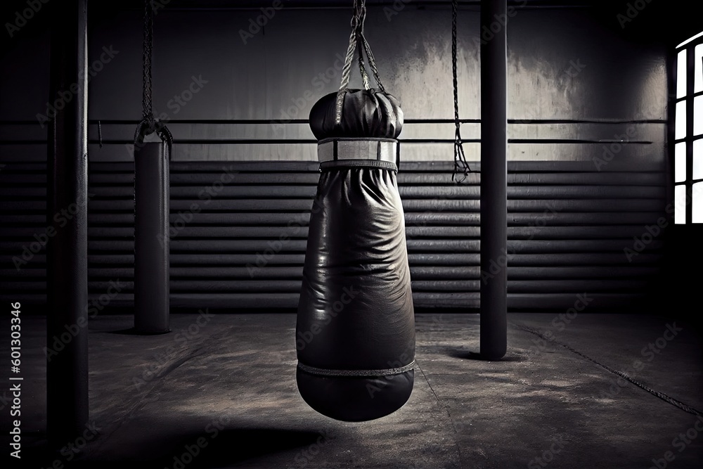 punching bag in boxing gym, with gloves hanging on the ropes, created ...