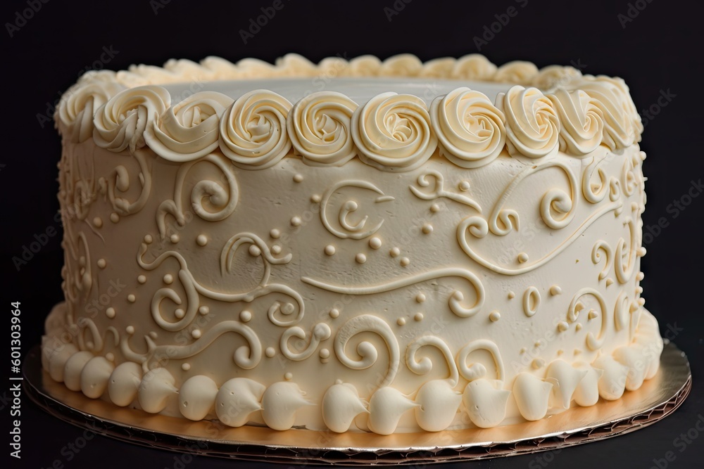 layer cake with piped borders and decorative swirls of frosting ...