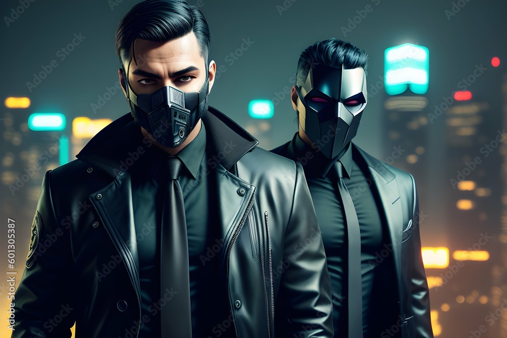 Two men in black clothes and masks. Two mafiosi in black suits. Night city of the future ...