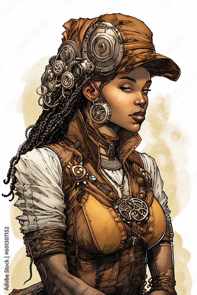 Steampunk African Woman. Generative AI. A digital drawing of a black ...