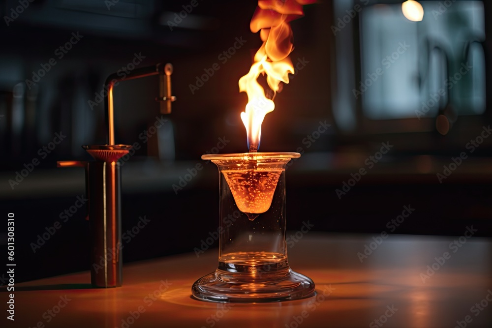 glass beaker being heated with bunsen burner for scientific experiment ...