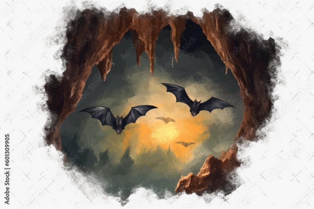 Oil painting style bats, cave, logo. Beautiful illustration picture ...