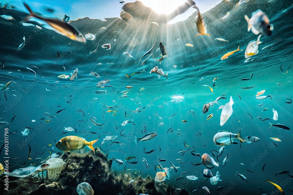 microplastic pollution in the ocean, with fish and plankton swimming ...
