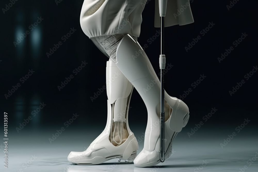 Demonstration of modern prosthetic legs foot feet on black background ...