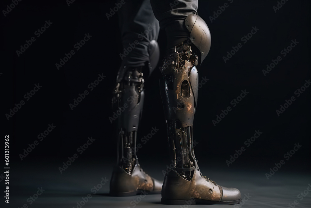 Demonstration of modern prosthetic legs foot feet on black background ...