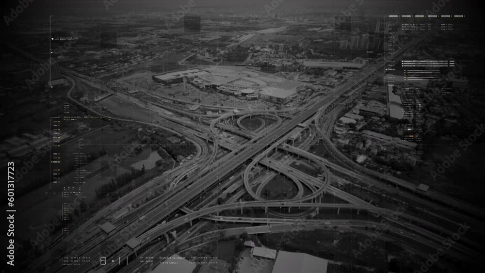Futuristic HUD drone - satellite view of traffic surveillance on a busy ...