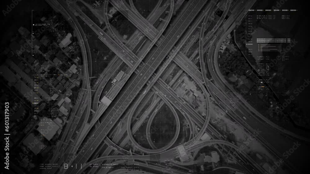Futuristic HUD drone - satellite view of traffic surveillance on a busy ...