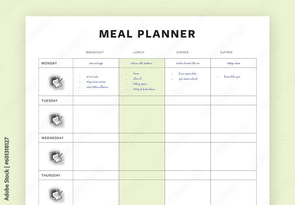 Weekly Meal Planner Layout Stock Template | Adobe Stock