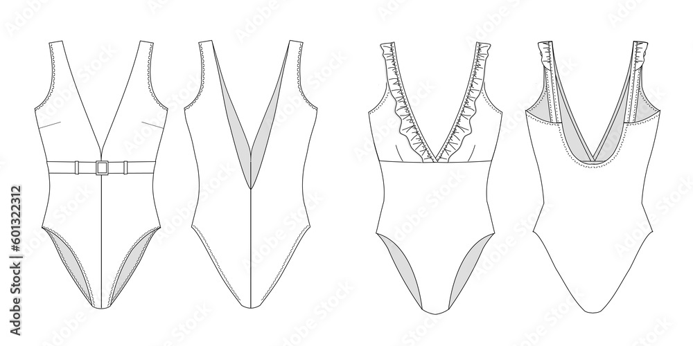 Woman sustainable swimwear, technical drawing, template, sketch, flat ...
