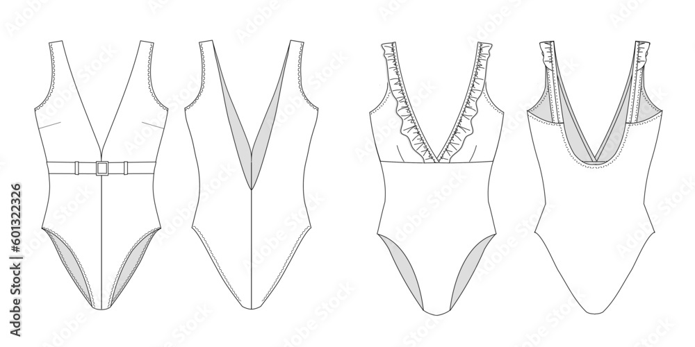 Woman sustainable swimwear, technical drawing, template, sketch, flat ...