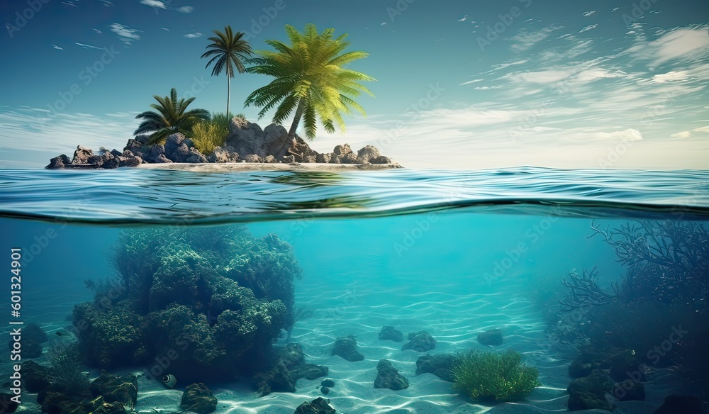 Tropical Island And Coral Reef - Split View With Waterline. Beautiful ...