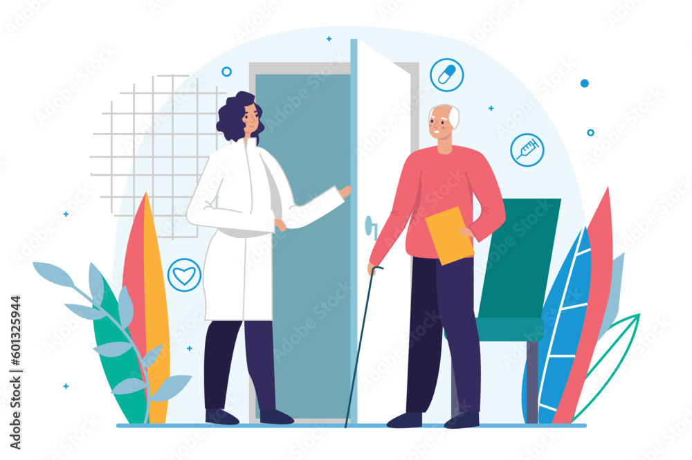Elderly people medicine concept with people scene in the flat cartoon ...