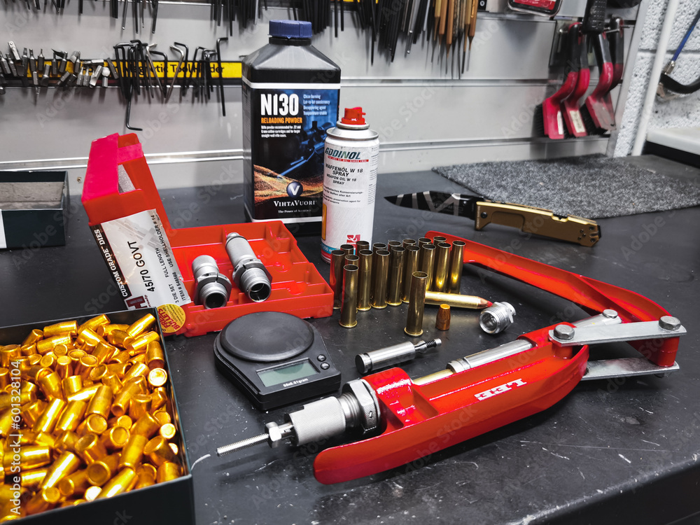 Baltics, April 2023. Reloading cartridges for a magnum revolver with a ...