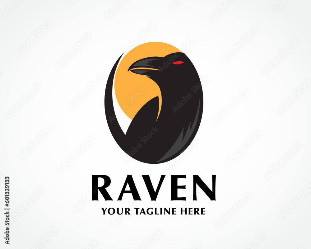 silhouette raven bird at circle emblem moon background logo design ...