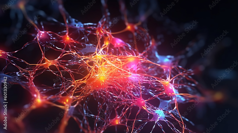 Fictitious glowing brain background with neural links network. Generative AI representing ...