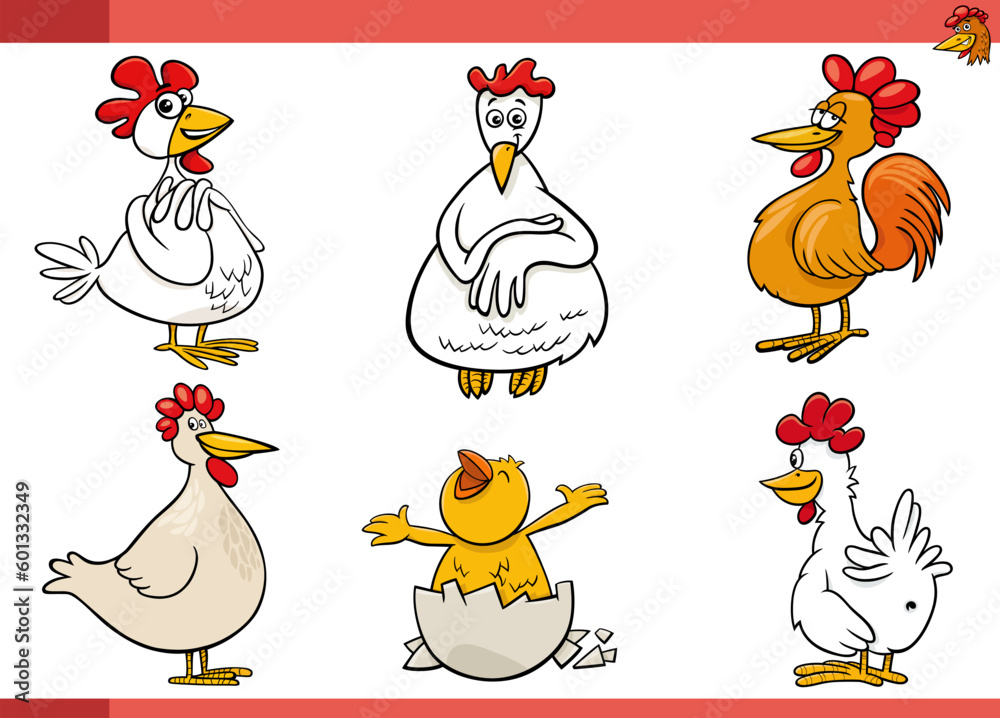 cartoon chickens farm animals comic characters set Stock Vector | Adobe ...