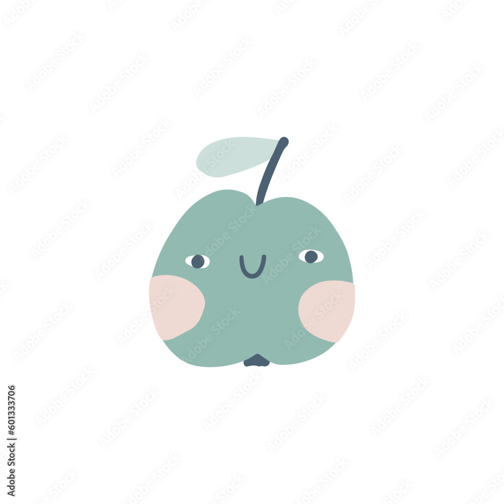 Green apple character icon with smiley face. Hand-drawn cartoon doodle ...