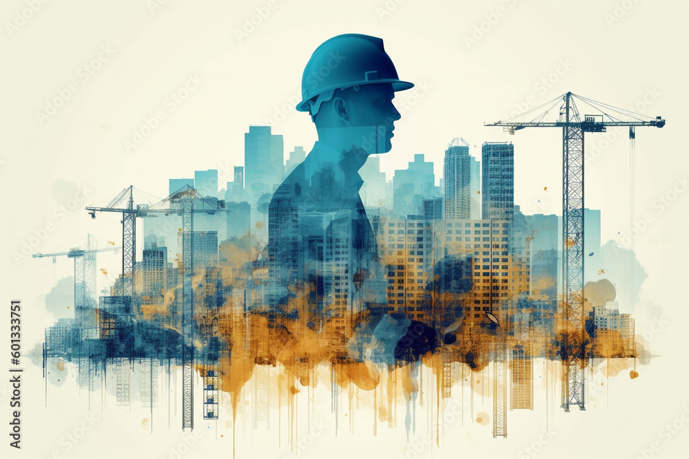 Construction site with workers and cranes, created using a double ...