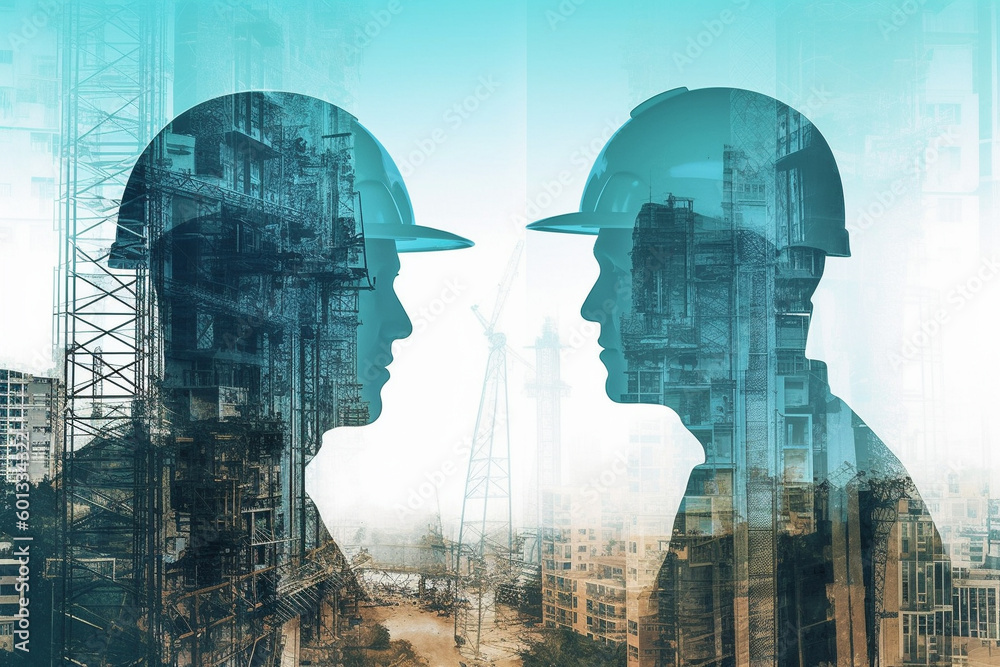 Construction site with workers and cranes, created using a double ...