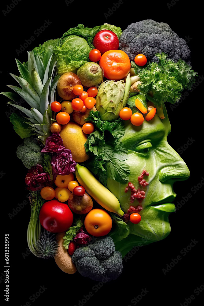 human head of vegetarian of fruits and vegetables. Concept of healthy ...