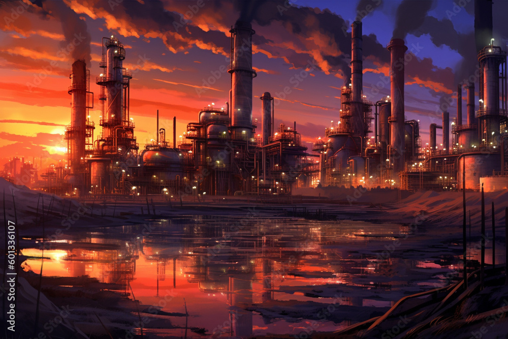 Oil refinery at sunset, depicting the industrial landscape and the ...