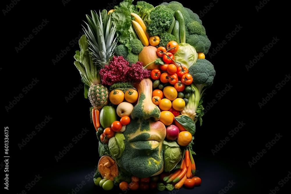 human head of vegetarian of fruits and vegetables. Concept of healthy ...